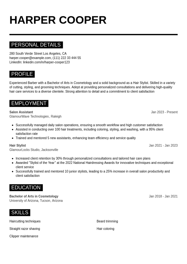 Barber Resume Example | Jobseeker