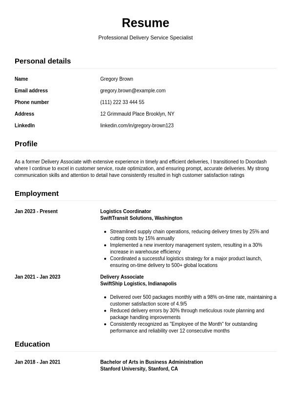 DoorDash Resume Example | Jobseeker
