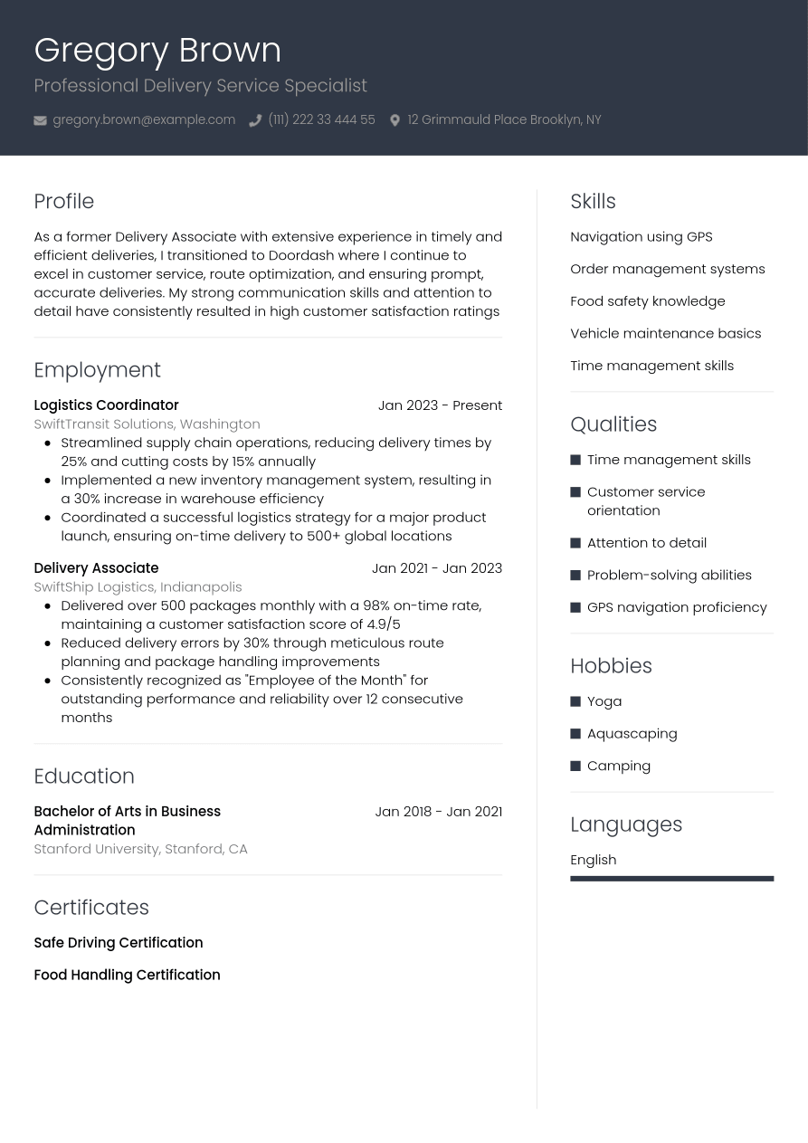DoorDash Resume Example | Jobseeker