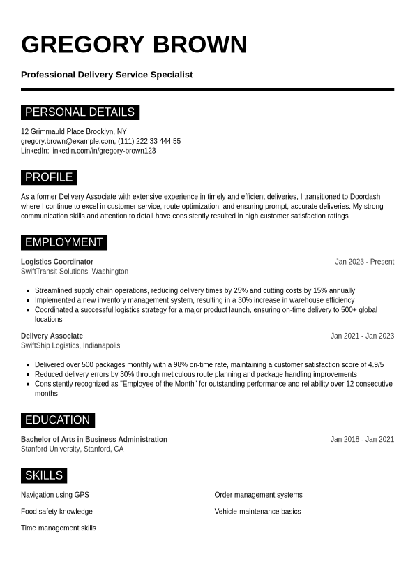 DoorDash Resume Example | Jobseeker