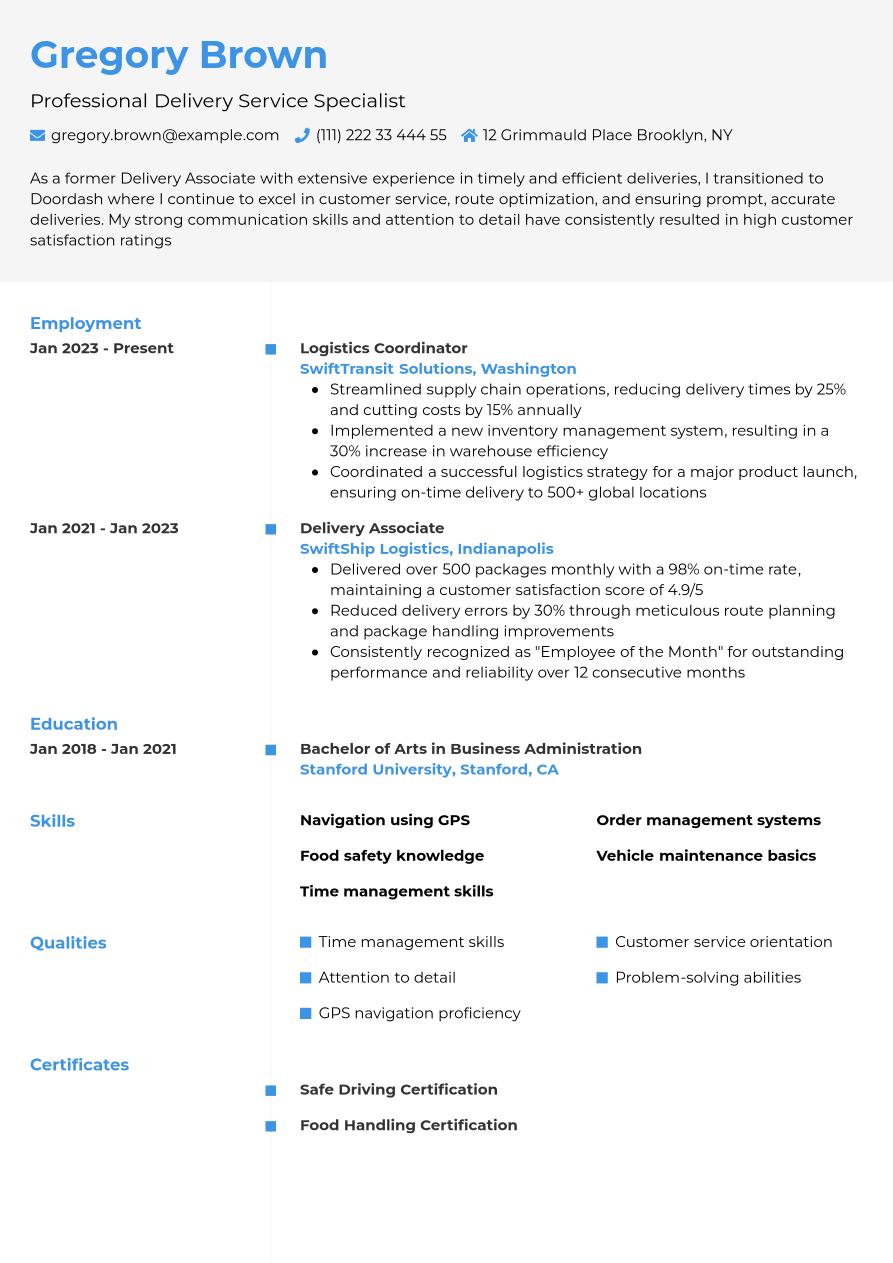 DoorDash Resume Example | Jobseeker