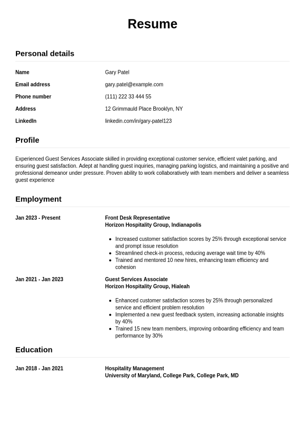 Valet Resume Example | Jobseeker