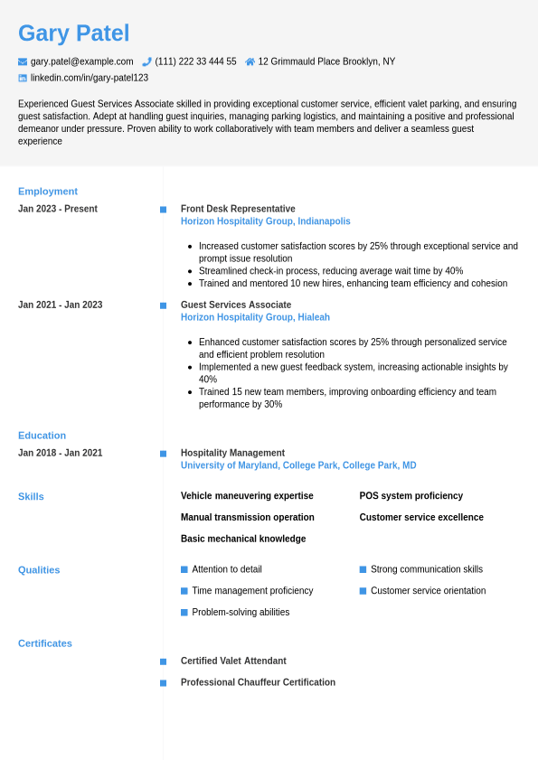 Valet Resume Example | Jobseeker