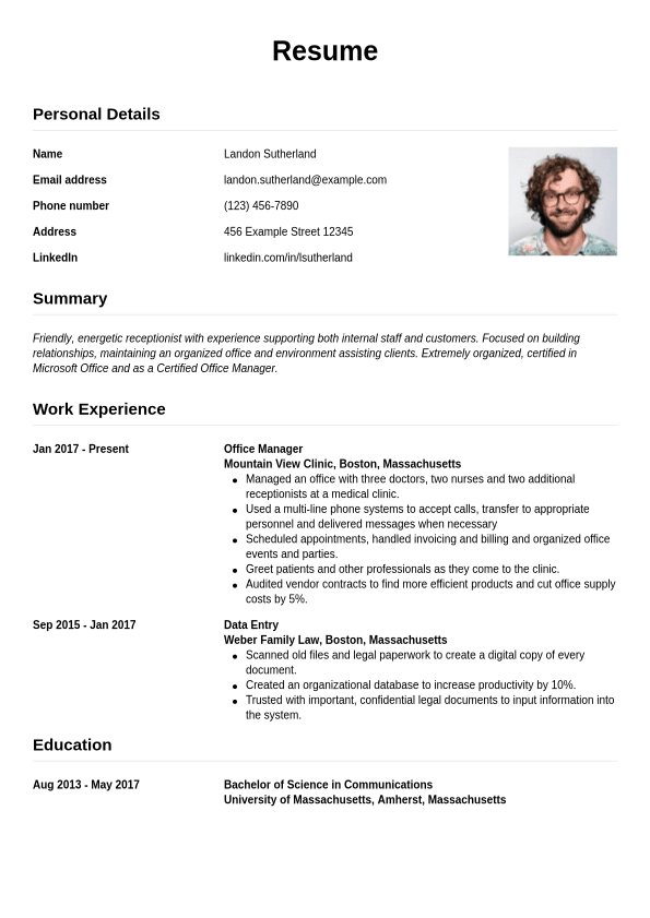 Receptionist Resume Example | Jobseeker