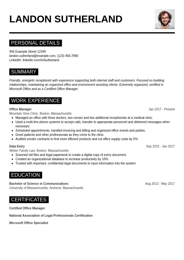 Receptionist Resume Example | Jobseeker