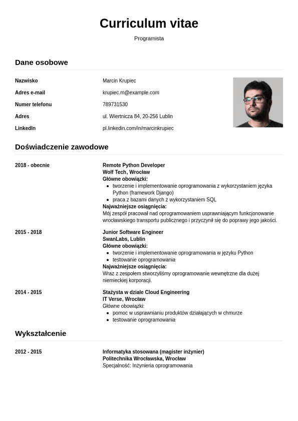 Przykład CV programisty | Jobseeker