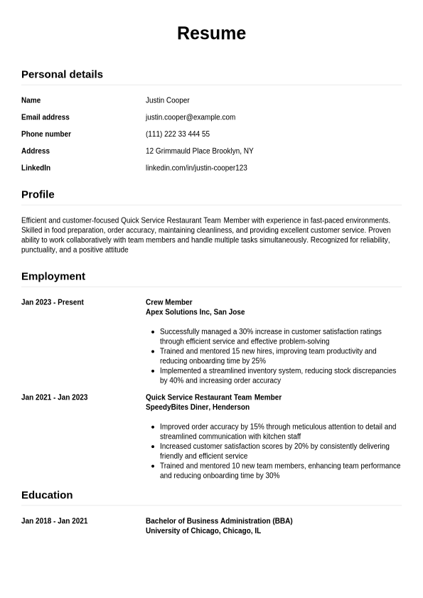 Fast Food Resume Example | Jobseeker