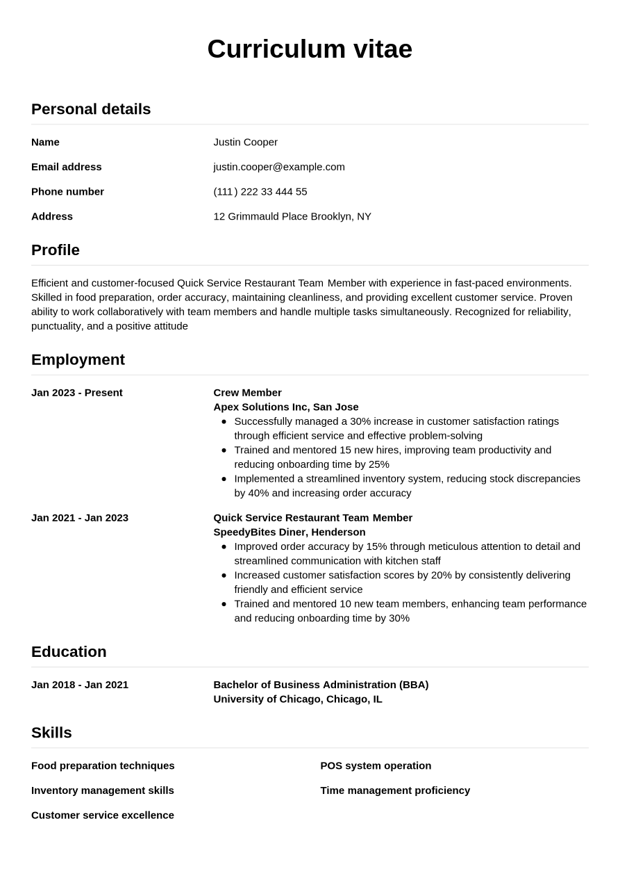 Fast Food Resume Example | Jobseeker