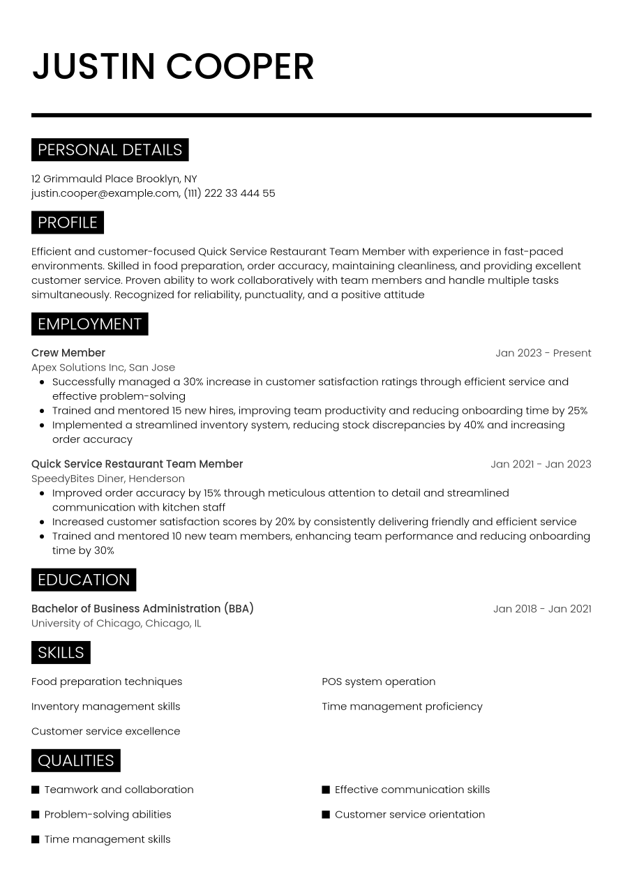 Fast Food Resume Example | Jobseeker