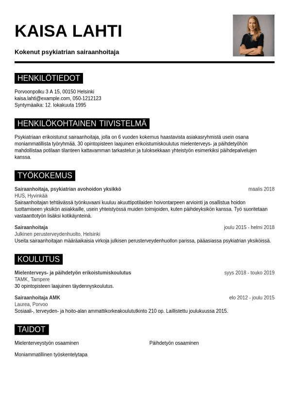 Esimerkki-CV sairaanhoitaja | Jobseeker