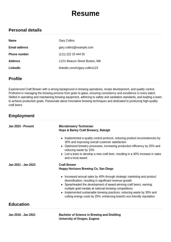 Brewer Resume Example | Jobseeker