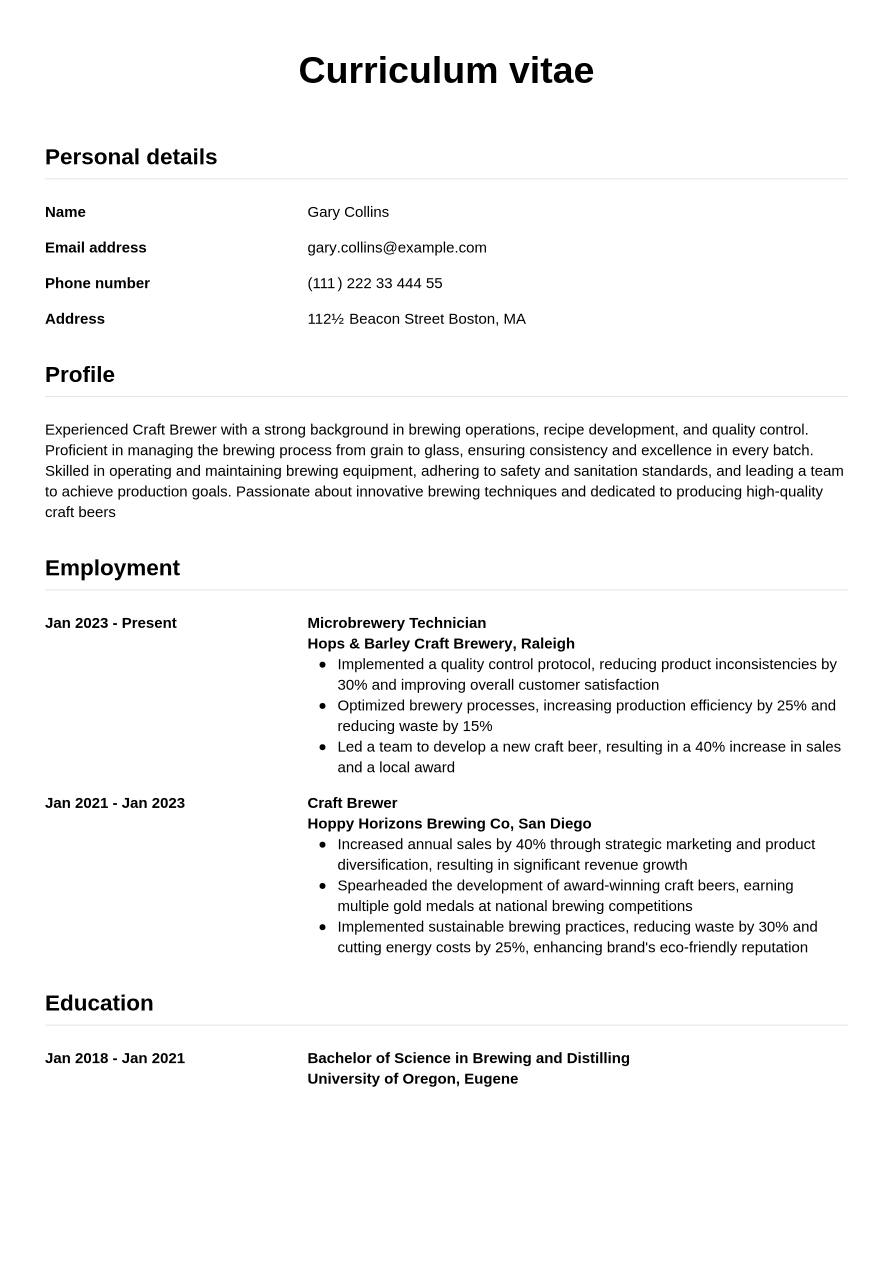 Brewer Resume Example | Jobseeker