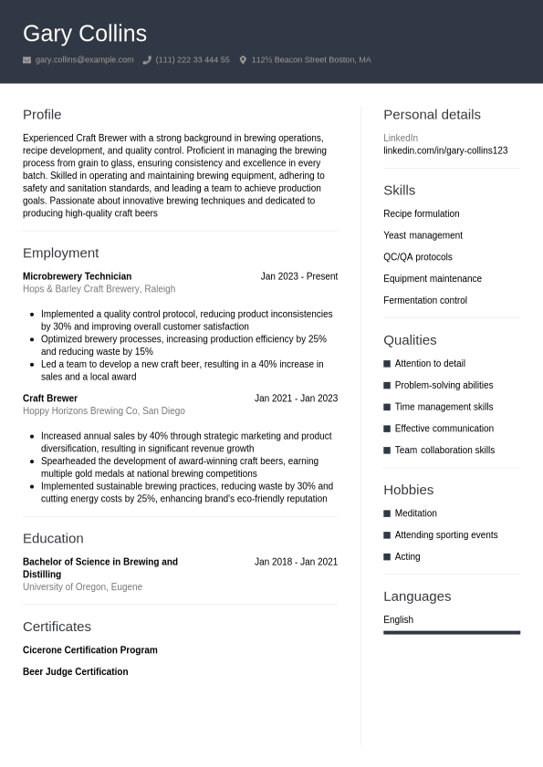 Brewer Resume Example | Jobseeker