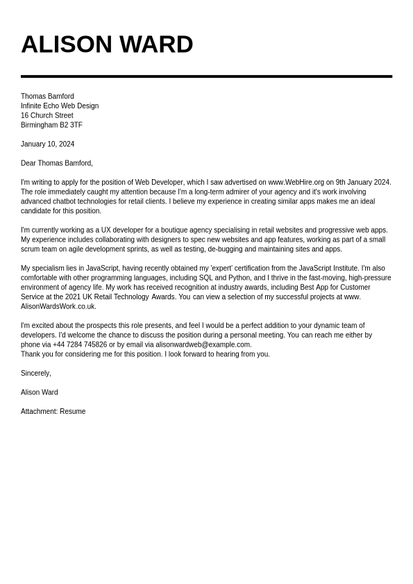 Web Developer Cover Letter Example | Jobseeker