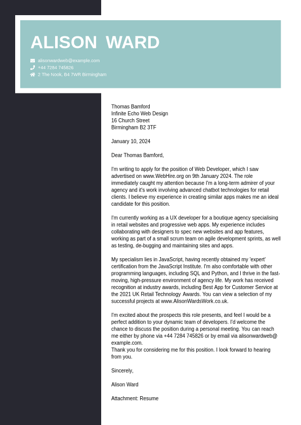 Web Developer Cover Letter Example | Jobseeker