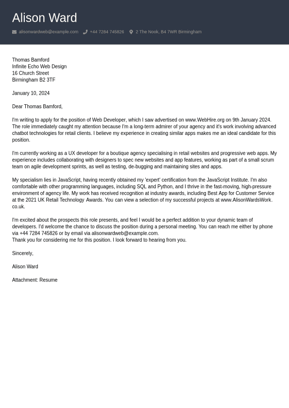 Web Developer Cover Letter Example | Jobseeker
