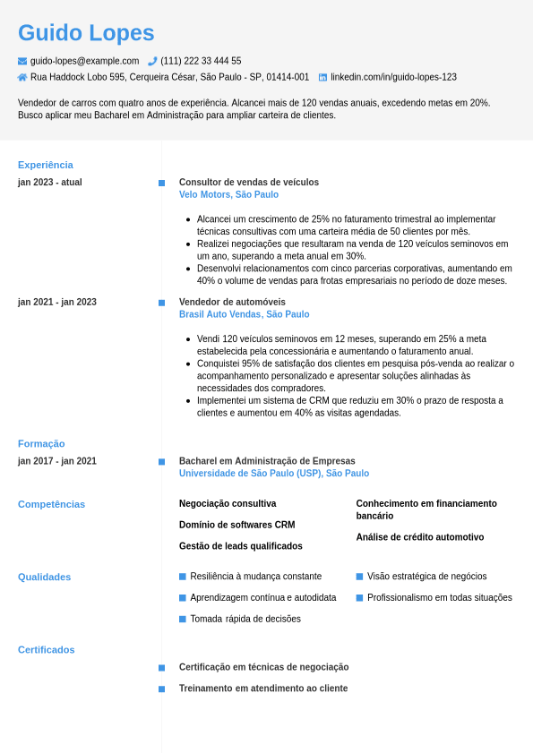 Currículo para vendedor de carros: guia e exemplos | Jobseeker