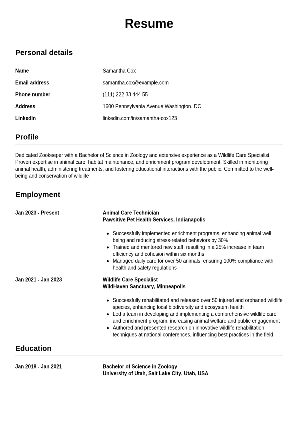 Zookeeper Resume Example | Jobseeker