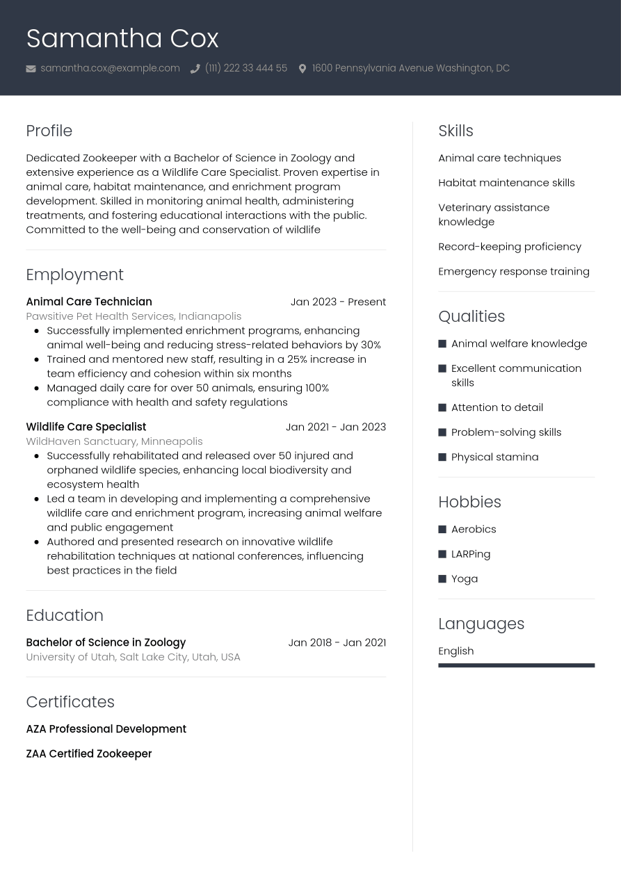 Zookeeper Resume Example | Jobseeker