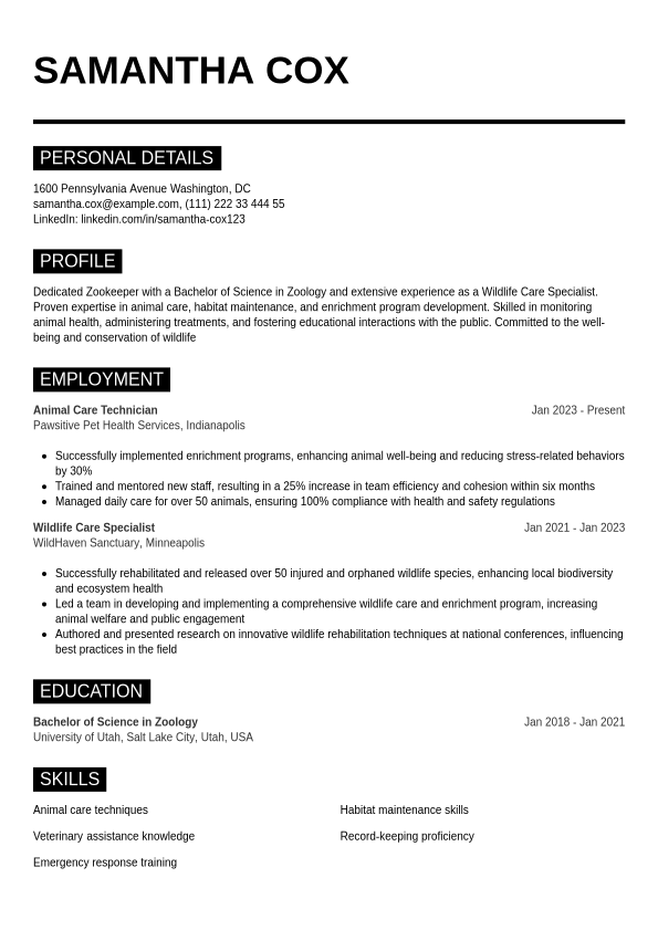 Zookeeper Resume Example | Jobseeker