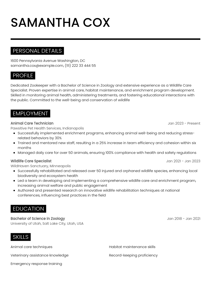 Zookeeper Resume Example | Jobseeker
