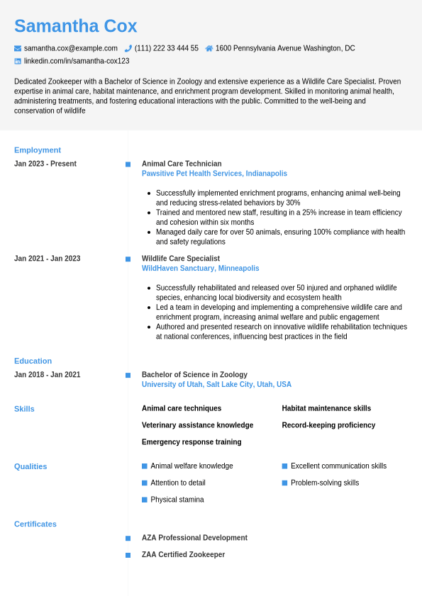 Zookeeper Resume Example | Jobseeker