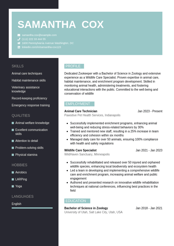 Zookeeper Resume Example | Jobseeker