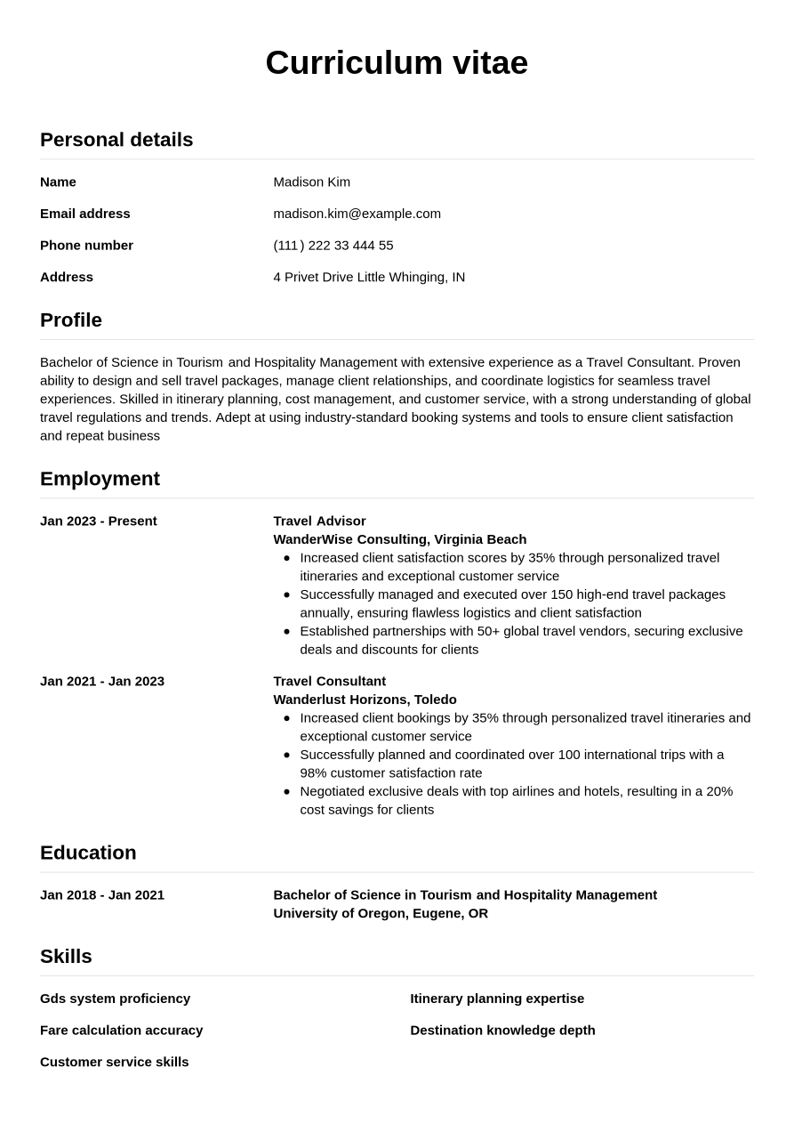 Travel Agent Resume Example | Jobseeker