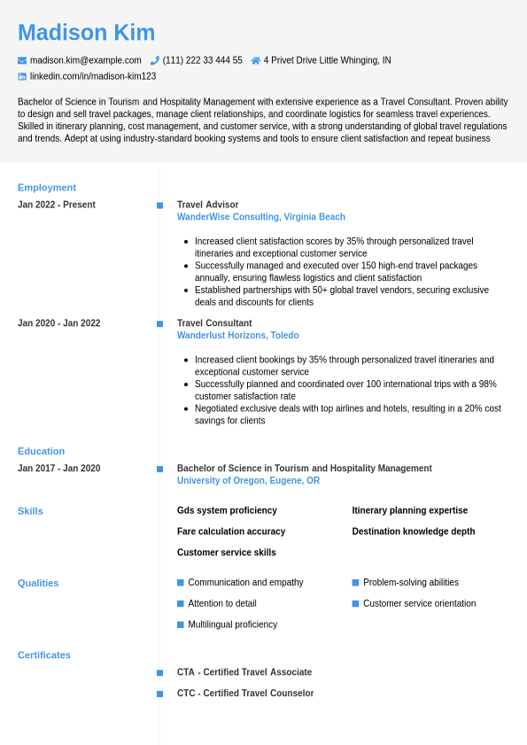 Travel Agent Resume Example | Jobseeker
