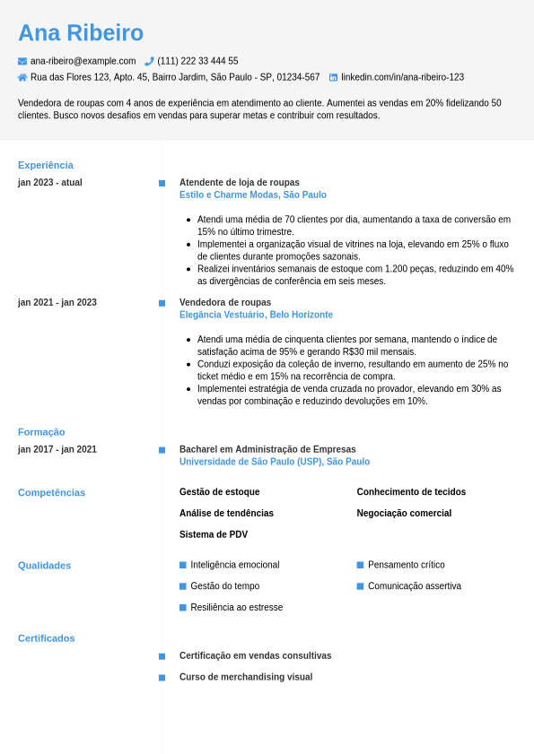Currículo para vendedor de roupas: guia e exemplos | Jobseeker