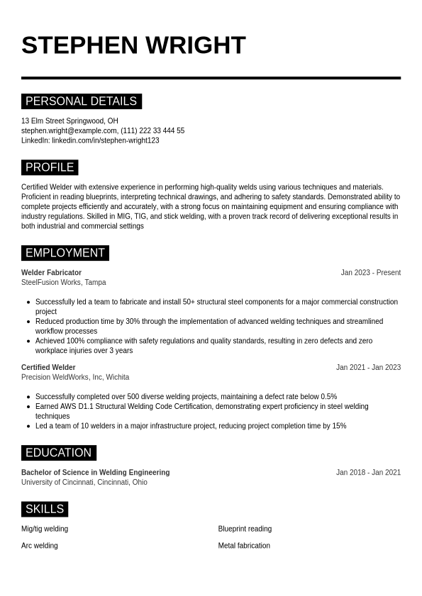 Welder Resume Example | Jobseeker