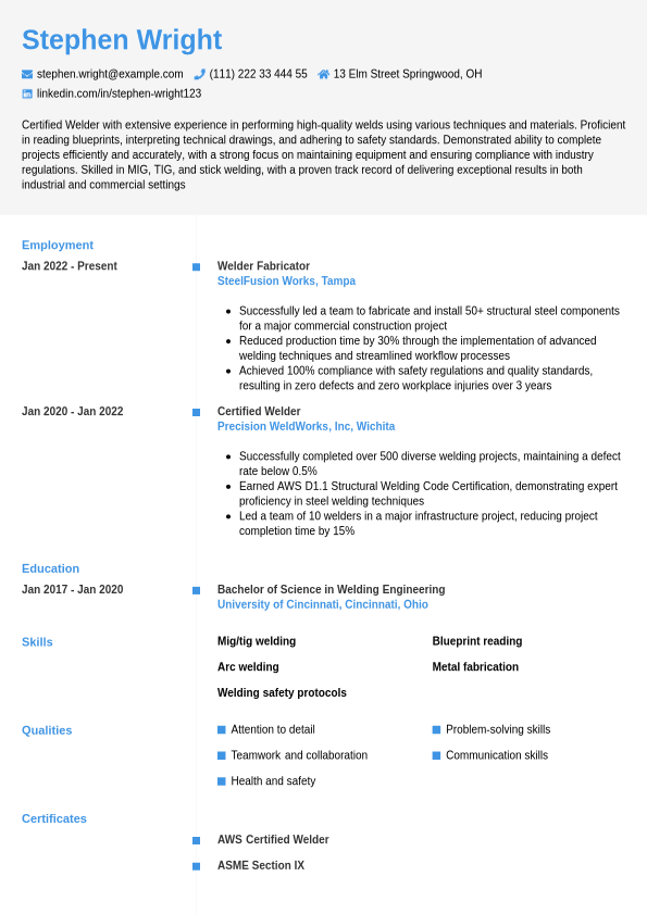 Welder Resume Example | Jobseeker
