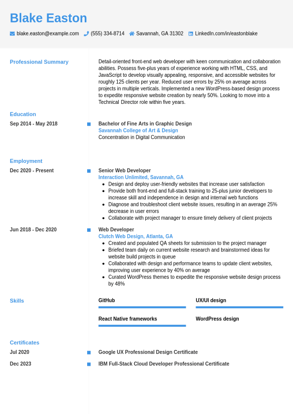 Web developer resume example | Jobseeker