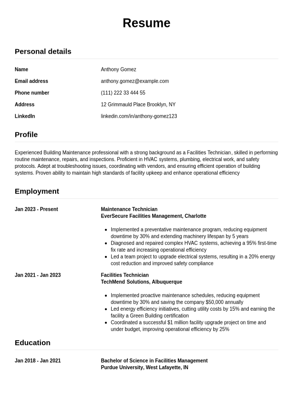 Building Maintenance Resume Example | Jobseeker