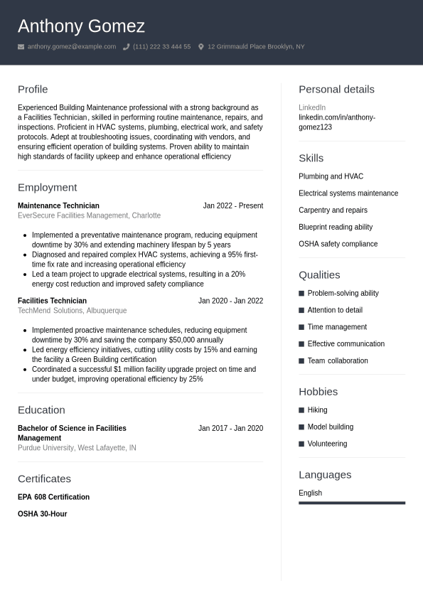 Building Maintenance Resume Example | Jobseeker