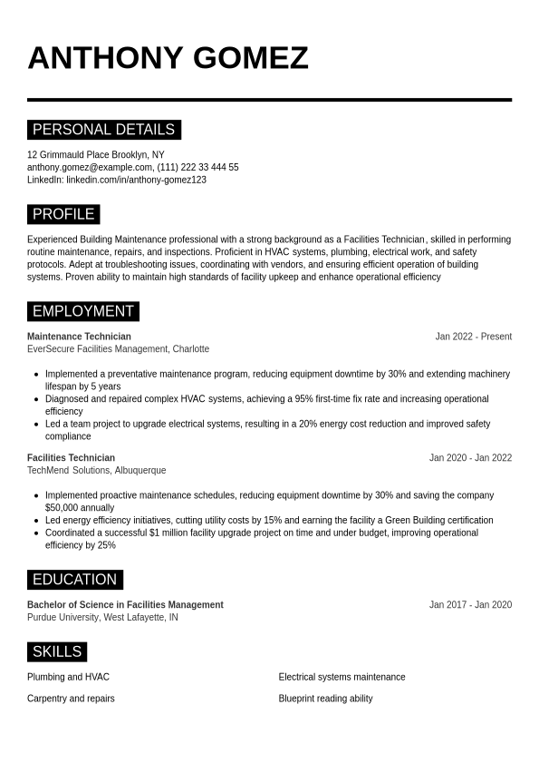 Building Maintenance Resume Example | Jobseeker
