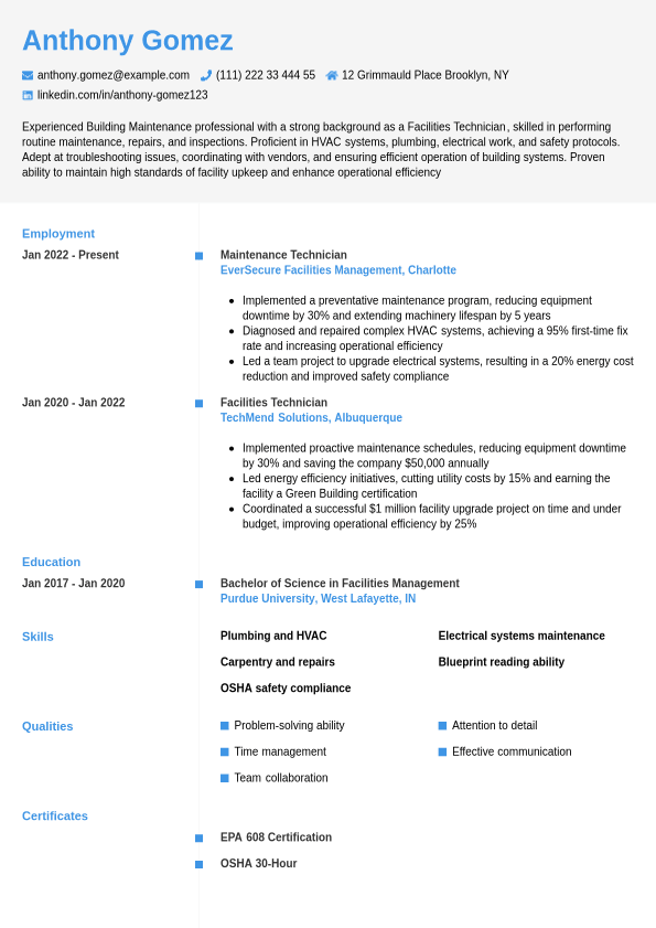 Building Maintenance Resume Example | Jobseeker
