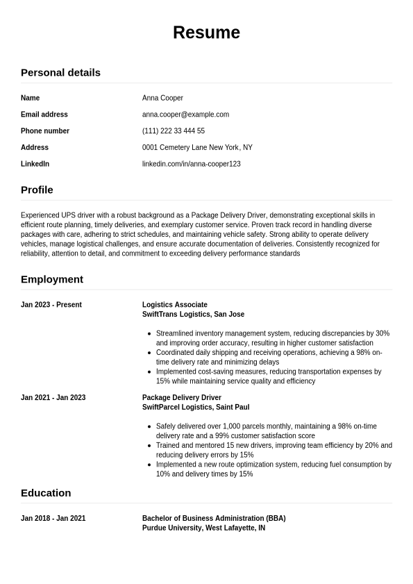 UPS Driver Resume Example | Jobseeker