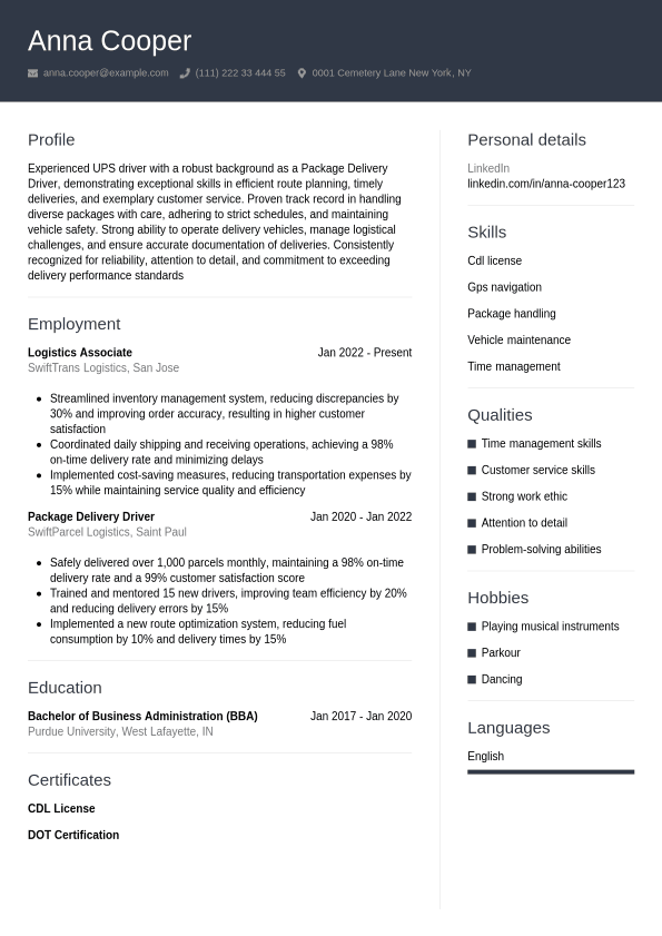 UPS Driver Resume Example | Jobseeker