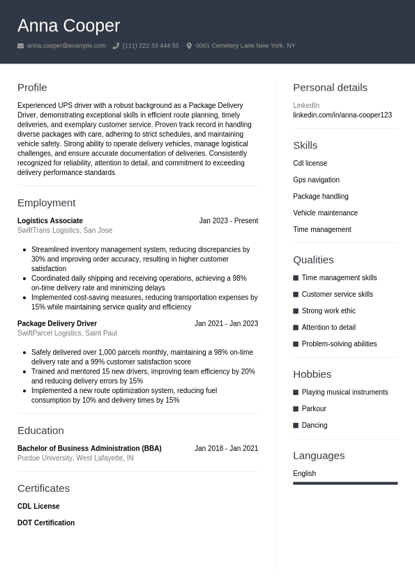 UPS Driver Resume Example | Jobseeker