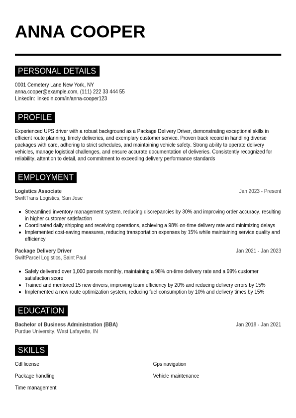 UPS Driver Resume Example | Jobseeker
