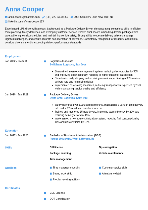 UPS Driver Resume Example | Jobseeker