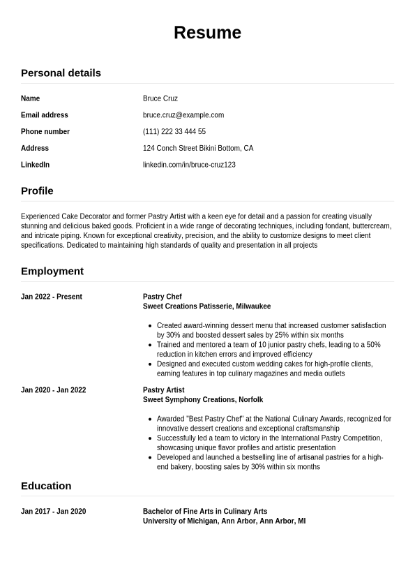 Cake Decorator Resume Example | Jobseeker