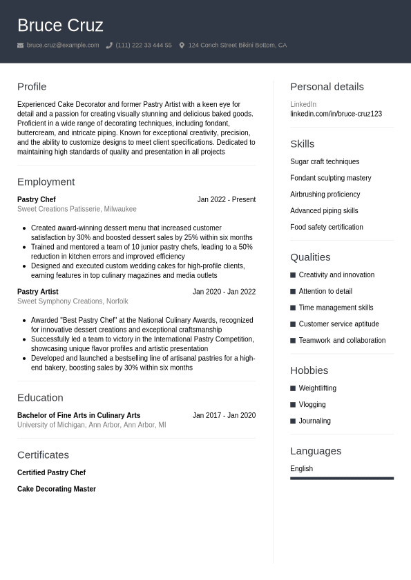 Cake Decorator Resume Example | Jobseeker