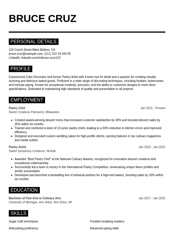 Cake Decorator Resume Example | Jobseeker
