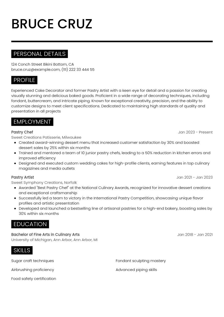 Cake Decorator Resume Example | Jobseeker