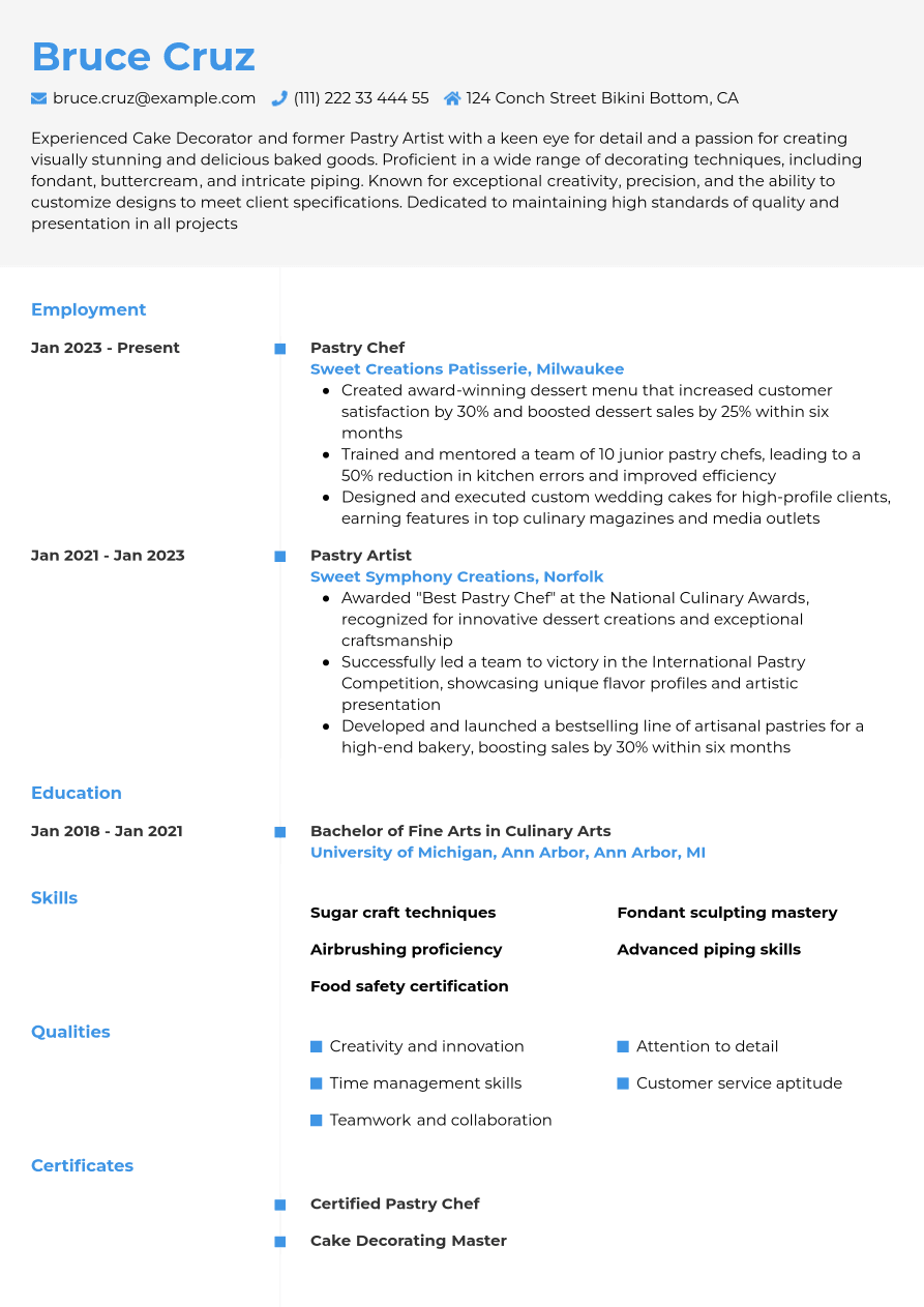 Cake Decorator Resume Example | Jobseeker