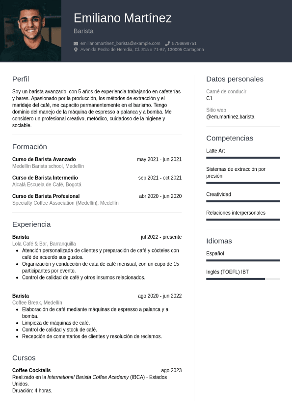 Barista: Ejemplo de CV | Jobseeker