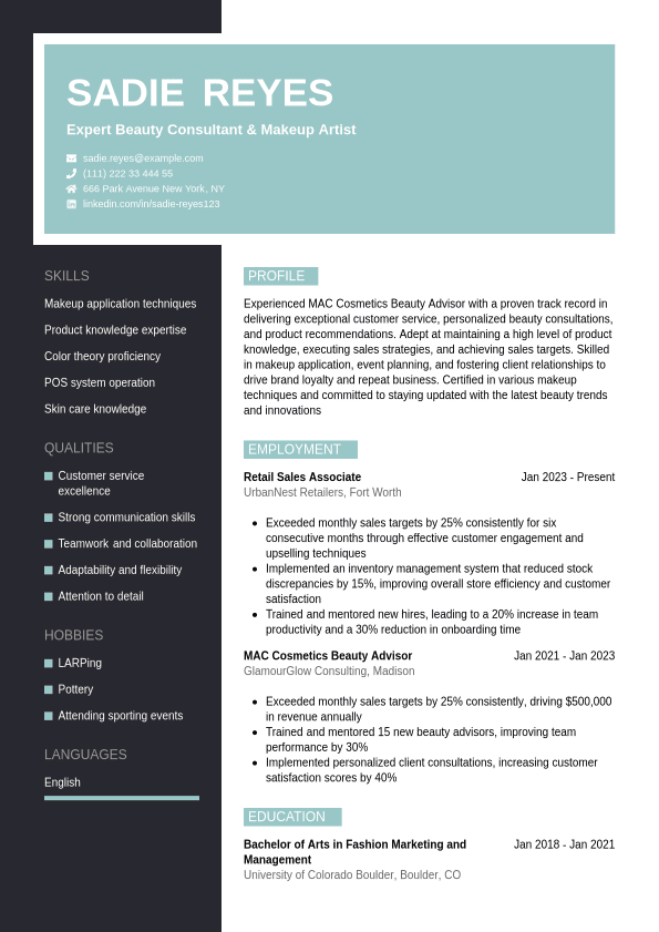 Mac Cosmetics Resume Example | Jobseeker