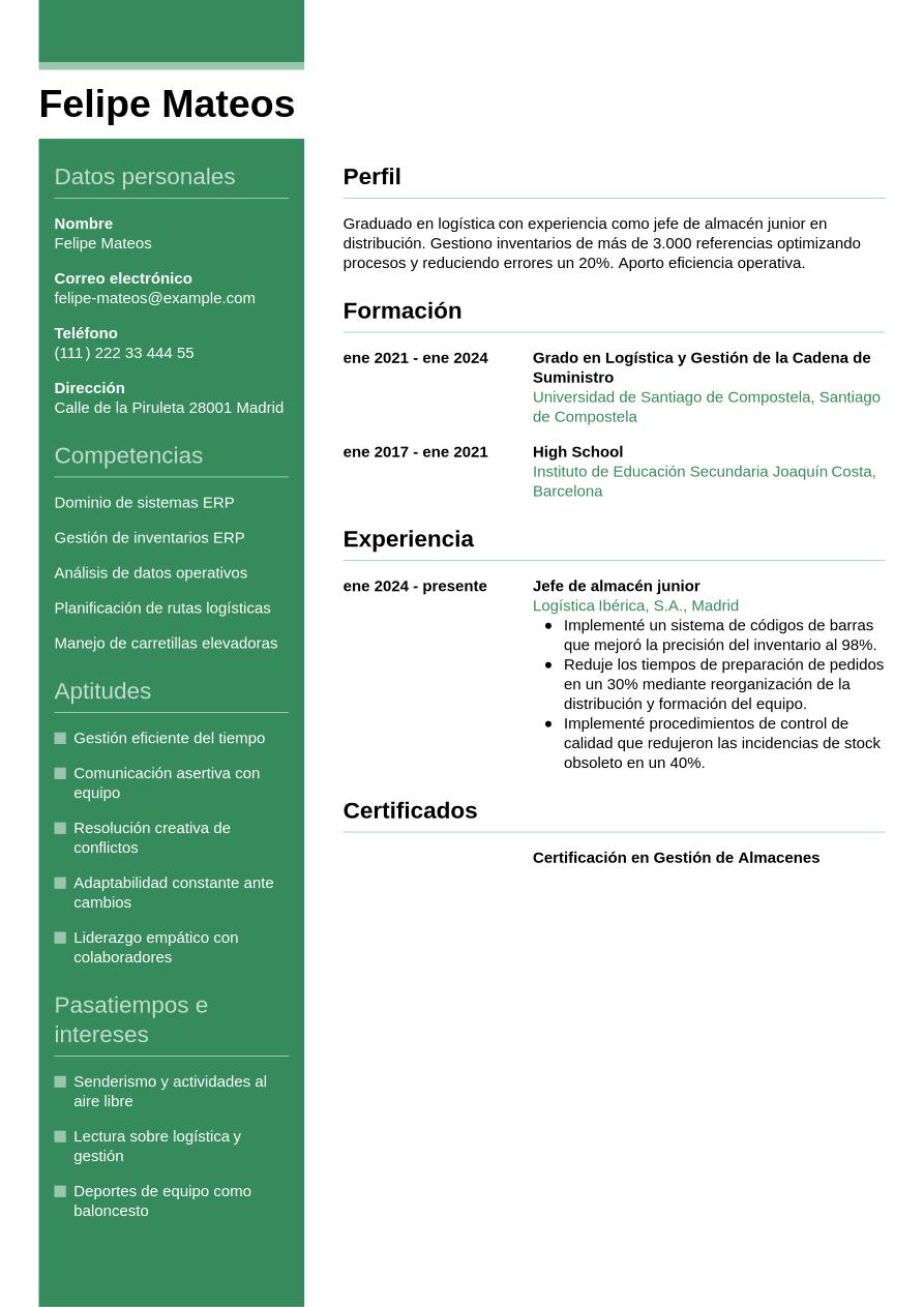 Currículum de jefe de almacén ejemplo y consejos | Jobseeker